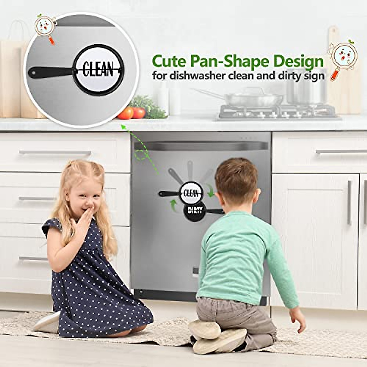 Dishwasher Clean Dirty Sign Magnet Free, Pan Design ø3.2 Clean Dirty Sign for Dishwasher with Removable Double Sided Sticker by SOOOEC
