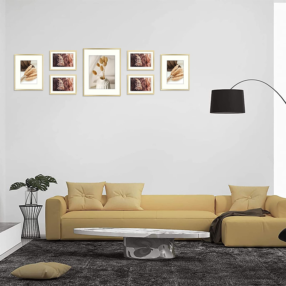 Golden State Art, 7 Pack, One 11x14, Two 8x10, and Four 5x7 Pictures. Aluminum Photos Frame for Wall or Tabletop Display (Gold)