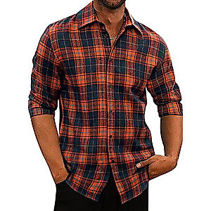 JMIERR Mens Flannels Long Sleeve Cotton Shirts Casual Fall Fashion Button Up Plaid Dress Shirt, US 46(XL), Burnt Orange