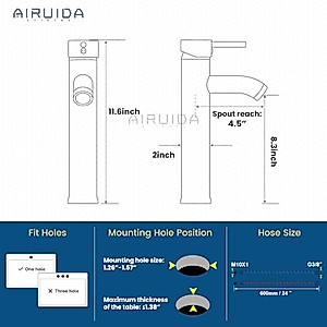 Airuida Matte Black 1 Hole Deck Mount Bathroom Faucet, Sturdy Stainless Steel Construction, Circular Waterfall Spout Design, Easy Installation