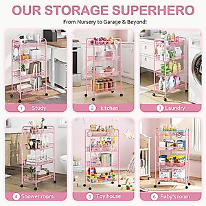 TOOLF 4-Tier Rolling Cart, Metal Utility Cart with 3 Hooks, Easy Assemble Mobile Storage Trolley On Wheels, Slide Out Shelving Units Kitchen Bathroom Laundry Room