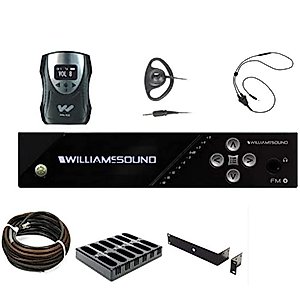 Williams AV FM 558-24 PRO D Large-Area Dual FM and Wi-Fi Assistive Listening Dante System; Includes: FM T55 D Transmitter, (24) PPA R38N Receivers, (24) EAR 022 Surround Earphones, (6) NKL 001 Neckloo