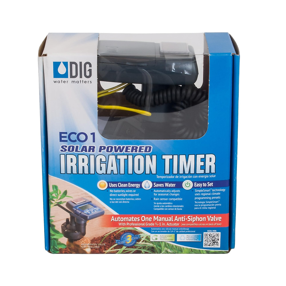 DIG ECO 1 MVA Solar Powered Irrigation Timer - Advanced Solar Technology, 3/4" & 1" Valve Actuator Adapter Kit, Ideal for Efficient Water Management