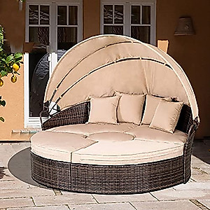 Patiomore Patio Round Daybed with Retractable Canopy, Clamshell Sectional Seating Brown Wicker Outdoor Furniture with Washable Cushions for Patio Backyard Porch Pool