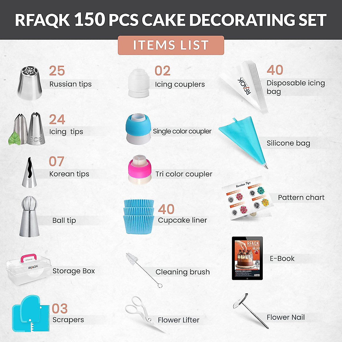 RFAQK 150PCs Russian Piping Tips Complete Set - Cookie Cupcake Cake Decorating Kit includes Numbered Piping Tips (24 Icing Tips+25 Russian Tips+7 Ruffle Tips+Ball Tip+41 Pastry Bags+EBook+Booklet)
