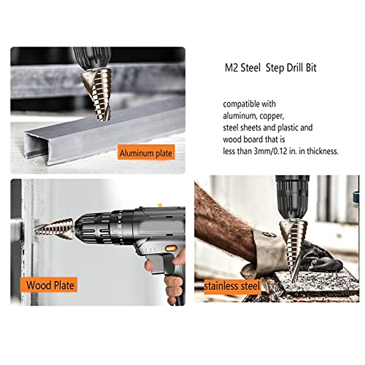 HSS6542 M2 Steel Spiral Groove Unibit HSS Step Drill Bits Set for Metal Stainless Steel Wood Step Cone Drill Hole Cutting Tool, Set of 3