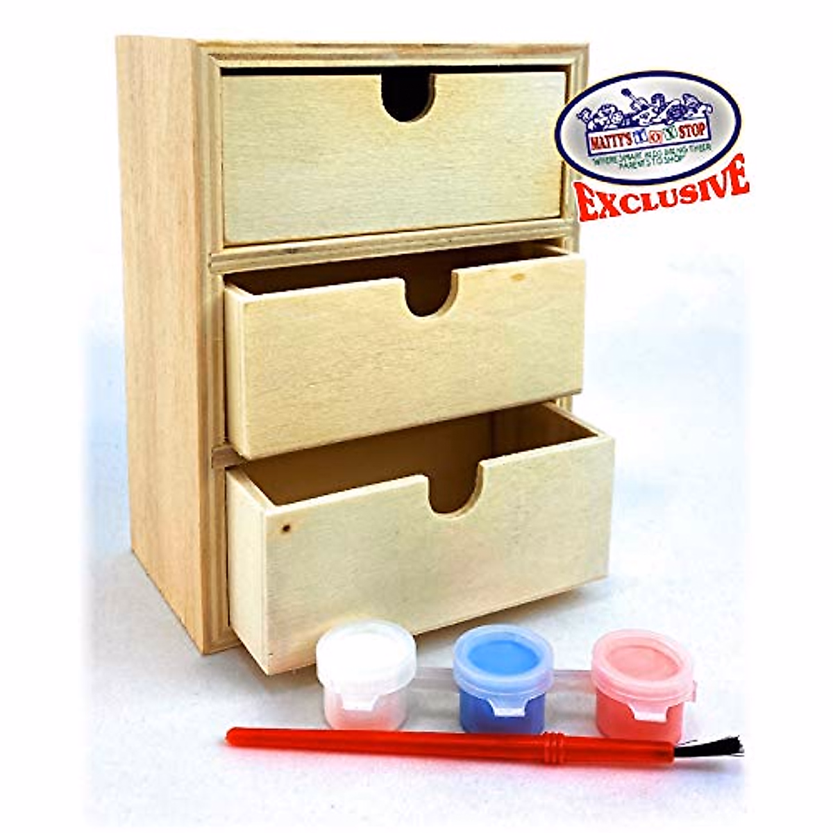 Matty's Toy Stop Design & Paint Your Own Wooden Jewelry Box Set with Mirror Jewelry Box, 3 Drawer Dresser, 4 Drawer Dresser, 3 Brushes & 9 Paints (3 Pink, 3 Blue & 3 White) Gift Set Bundle - 3 Pack