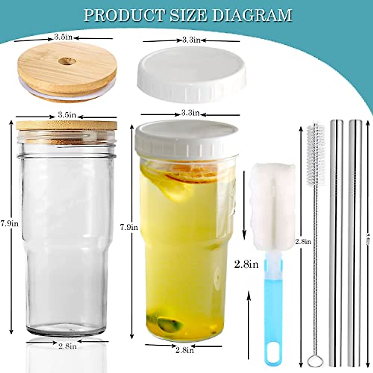 MARKKEER 2 Pack Glass Cups with Lids and Straws, 24 oz Reusable Boba Cup Iced Coffee Smoothie Tumbler Mason Jars for Bubble Tea, Beer, Juice