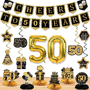 50th Birthday Decorations for Men Women，16Pcs birthday table Decorations，Cheers to 50 years Anniversary Decorations，Vintage 1974 Honeycomb Centerpieces Swirls Ballon Kit Party Supplies