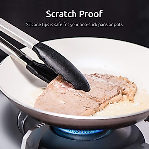 Kitchen Tongs, U-Taste 7/9/12 inches Cooking Tongs, with 600ºF High Heat-Resistant Non-Stick Silicone Tips, 18/8 Stainless Steel Handle, for Food Grill, Salad, BBQ, Frying, Serving, Pack of 3(Black)