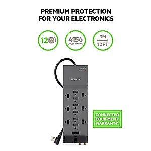 Belkin 8-Outlet Home and Office Surge Protector, 12ft Cord, Black & Power Strip Surge Protector with 12 AC Multiple Outlets, 10 ft Long Flat Plug Heavy Duty Extension Cord (4,156 Joules)