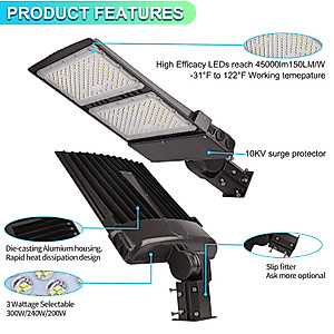 300W/240W/200W Power Selectable, LED Parking Lot Lights with Slip Fitter, 45000LM 5700K Led Shoebox in Outdoor, Waterproof Pole Mount Lights for Street Yard Stadium,100-277V IP65, ETL (1 Pack)