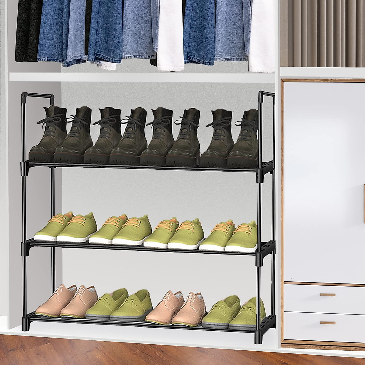 BIWHALE 3-Tier Stackable Shoe Rack, Expandable & Adjustable Fabric Shoe Shelf Storage Organizer, Black