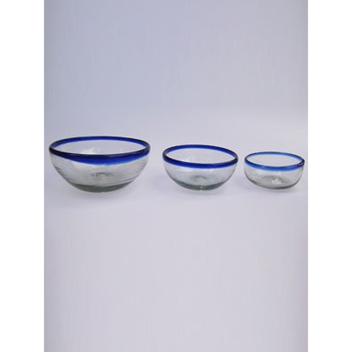 MexHandcraft Cobalt Blue Rim Three Sizes Snack Bowls (set of 3), Recycled Glass, Lead-free, Toxin-Free