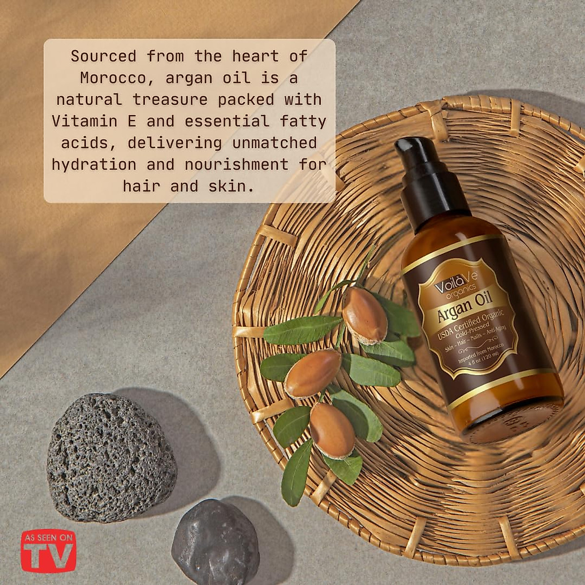 VoilaVe USDA and ECOCERT 100% Pure Organic Moroccan Argan Oil for Skin, Nails & Hair Growth, Anti-Aging Face Moisturizer, Cold Pressed, Hair Moisturizer, Rich in Vitamin E, As Seen On TV - 4 fl oz