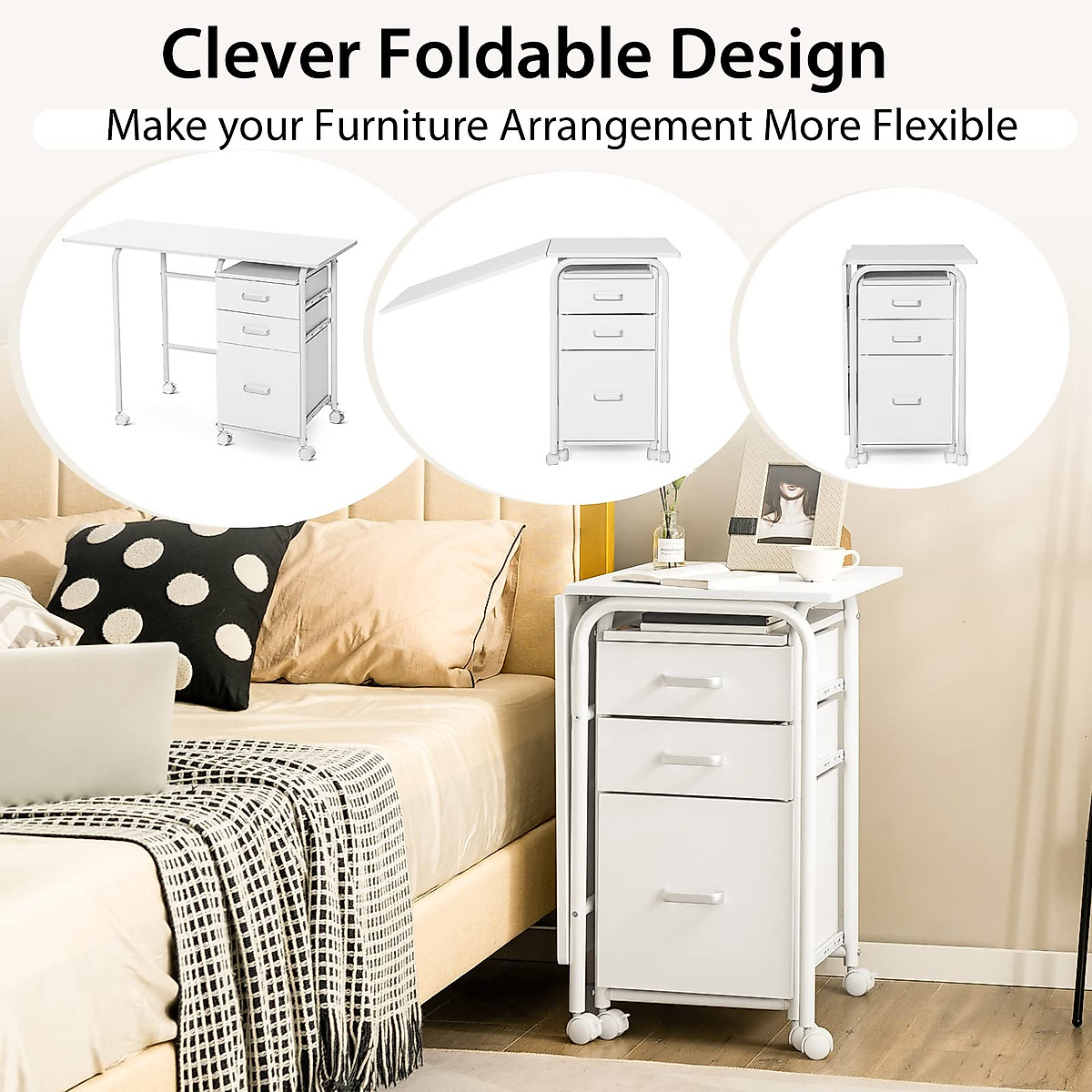 CHEFJOY Folding Computer Desk with 6 Wheels, 41.5" Modern Steel Collapsible Home Office Desk with 3 Storage Drawers, Portable Writing Laptop Desk for Bedroom, Study, Small Space, Home Office, White