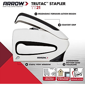 Arrow TT21 TruTac Forward Action Staple Gun, Manual Push Stapler for Upholstery, Crafts, Decorating, and Repairs, Fits JT21 Thin Wire Staples