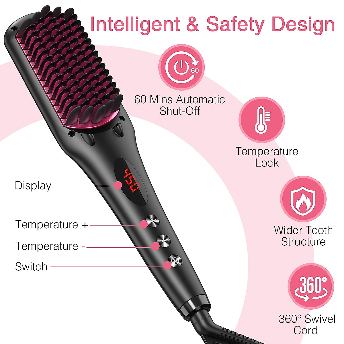 Enhanced Ceramic Hair Straightener Brush by MiroPure, 2-in-1 Ionic Straightening Brush with Anti-Scald Feature, Auto Temperature Lock & Auto-Off Function (Black)