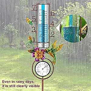 SYSUVANA Rain Gauge Outdoor with Outdoor Thermometer for Garden, Easy to Read Metal Stake with 7 Inch Replacement Glass Tube, Sunflower Hummingbird Décor for Yard Garden Patio Lawn