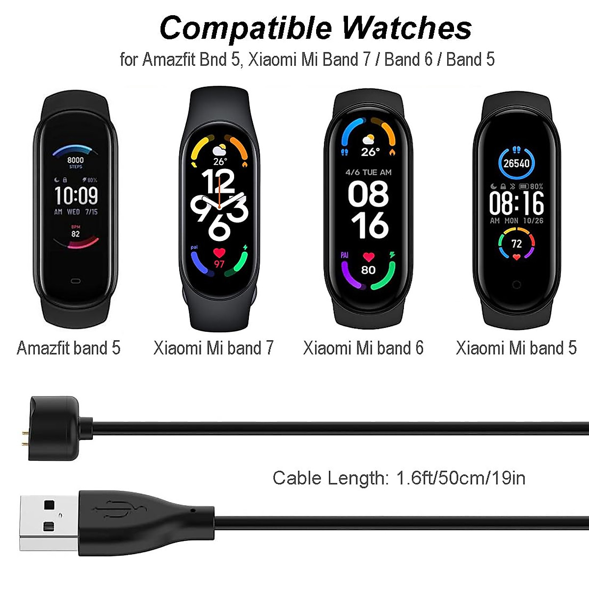 Emilydeals 2-Pack Charger for Amazfit Band 5, Xiaomi Mi Band 7/6/5 Activity Fitness Tracker - Replacement Magnetic Charging Cable USB Cord [50cm/1.6ft] (2)