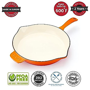 Lava Light-Colored Sand Enameled Cast Iron Skillet with Side Drip Spouts - 12 inch Round Frying Pan with Glossy Sand-Colored Three Layers of Enamel Coated Interior (Orange)