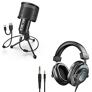 FIFINE USB Desktop Microphone 3.5mm/6.35mm Headphones for Studio Monitor, PC Microphone with Gain Control and Mute Button, Black Podcast Headphones with Coiled Cables, Soft Earmuffs (K683A+H8)