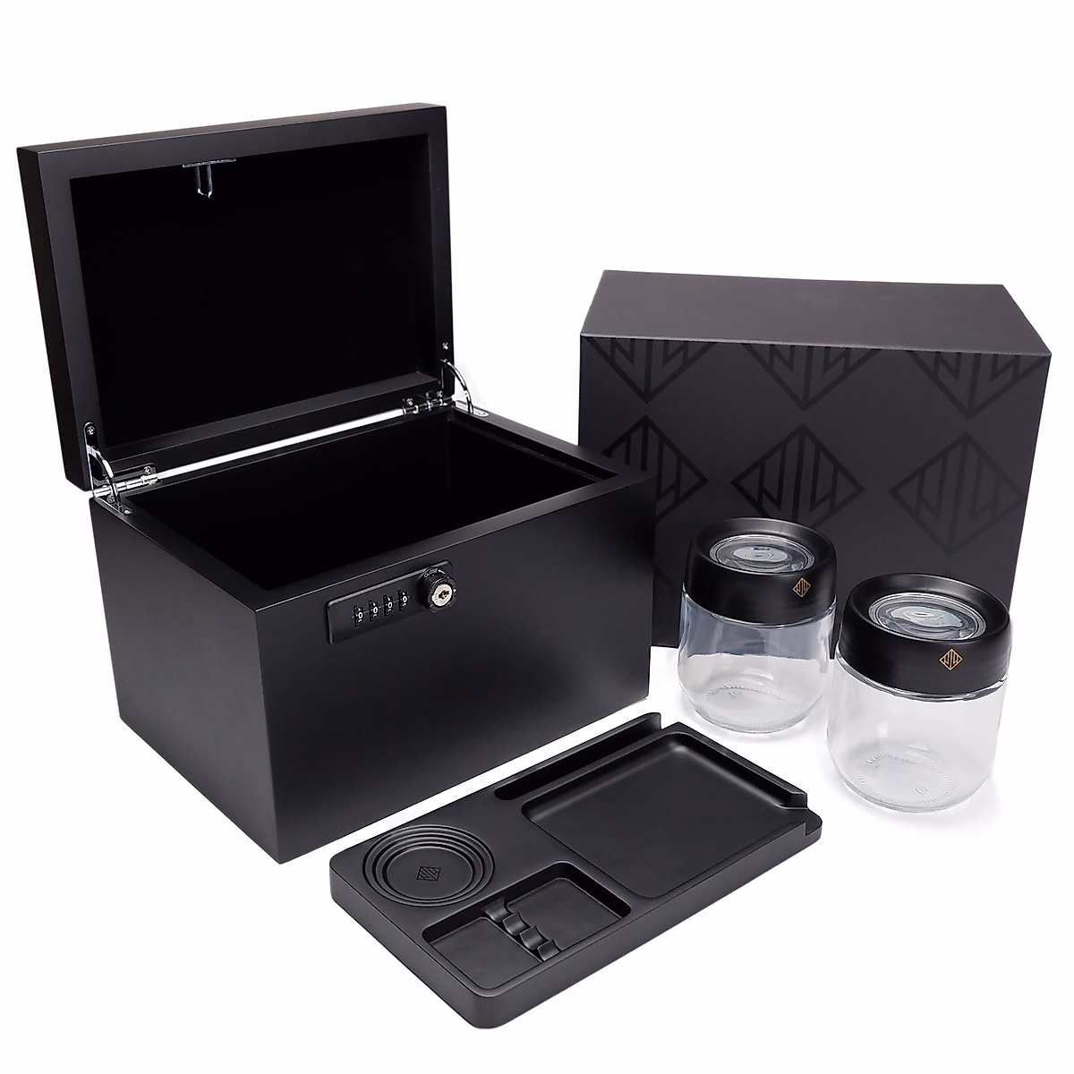 J.LIBERTY Wooden Stash Box with Lock - Includes 2 Glass Stash Jars and RemovableTray - Decorative Box (Matte Black) (XL)