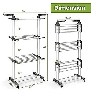 Giantex Foldable Clothes Drying Rack, Oversized 4-Tier Collapsible Laundry Rack w/ 3 Retractable Trays, Hanger Holders, Moveable Laundry Garment Dryer Stand w/Wheels for Indoor Outdoor Use