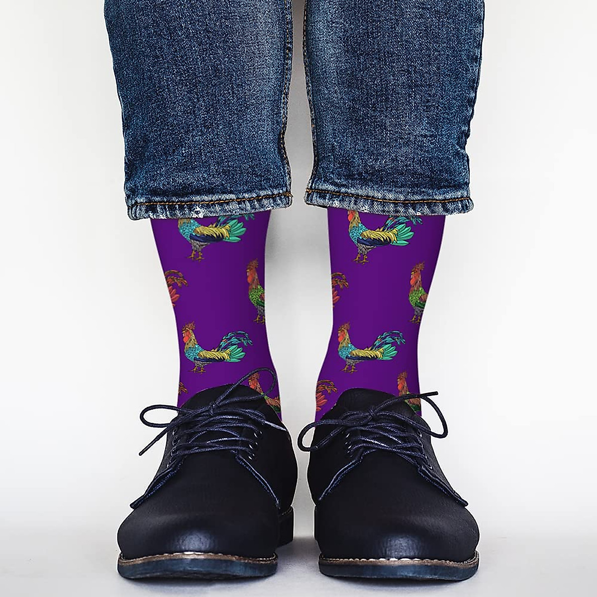AOYEGO Roosters Funny Socks Colored Cock Poultry Retro Elegance Bantam Purple Novelty Casual Crew Socks Contrast Color Design for Women Men Gift