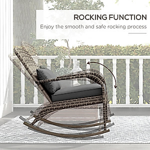 Outsunny Outdoor Wicker Adirondack Rocking Chair, Patio Rattan Rocker Chair with High Back, Seat Cushion, and Pillow for Garden, Porch, Balcony, Gray