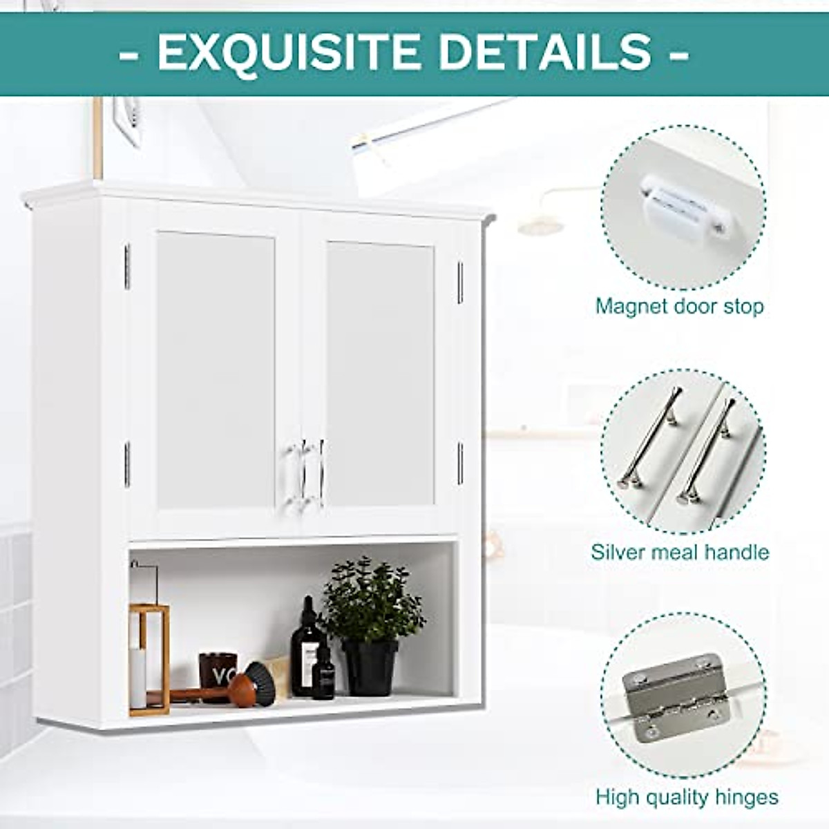 MEETWARM Bathroom Cabinet Wall Mounted with Double Doors, Wood Hanging Cabinet, Medicine Cabinet Storage Organizer with Height Adjustable Shelves Over The Toilet, White