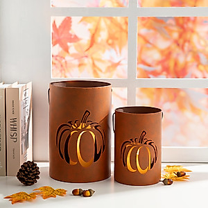 Glitzhome Set of 2 Fall Cutout Pumpkin Lanterns Candle Holder Autumn Harvest Pumpkin Decorative Metal Bucket Lantern Thanksgiving Hanging or Standing Porch Decor Halloween Table Indoor Outdoor Decor