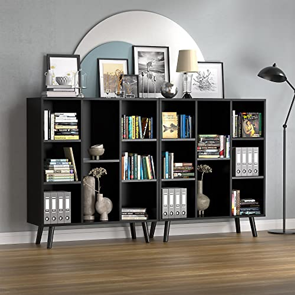 Cozy Castle Black Small Bookshelf, Wood 8 Cube Storage Organizer Book Shelves with Anti-Tilt Device, Freestanding Modern Bookcase for Bedroom, Office, Living Room