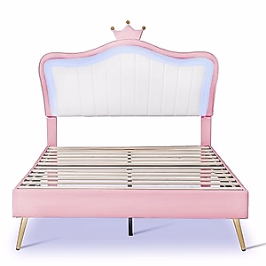 Upholstered Princess Bed Platform Bed, Full Size Fun Cute Bed Frame with Adjustable Crown Shaped Headboard and LED Lights, Kids Bedroom Furniture Princess Bed Upholstered Bed (White + Pink)