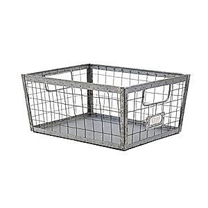 Rae Dunn Wire Storage Basket – Galvanized Steel and Solid Wood Organizer – Decorative Folder Bin with Two Handles and Label Slot - for Office, Bedroom, Living Room, Closet and More