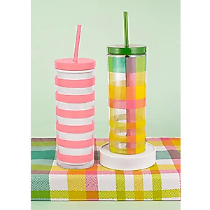 Kate Spade New York Acrylic Tumbler with Lid and Straw, 20 oz Tumbler, Slim Double Wall Tumbler, Terrace Stripe