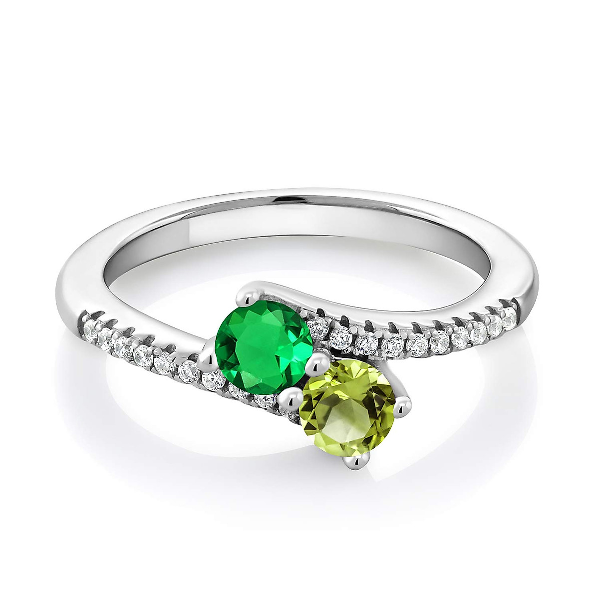 Gem Stone King 925 Sterling Silver Green Nano Emerald and Green Peridot Bypass Ring For Women (0.84 Cttw, Gemstone May Birthstone, Round 4MM, Available In Size 5, 6, 7, 8, 9)