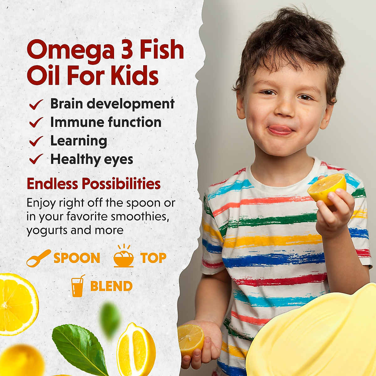 Barlean's Omega Pals Chirpin' Slurpin' Omega 3 for Kids, Yummy Lemonade Flavored Children's Liquid Fish Oil Supplement with 540 mg of EPA and DHA for Brain and Eye Health, 8 oz