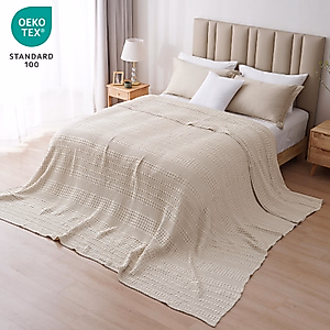 PHF 100% Cotton Waffle Blanket Oversized King 120"x120", Lightweight Breathable Extra Large 10'x10' Blankets for Bed, Giant Big Luxury Aesthetic Woven Bedding for Home Decor, Oatmeal