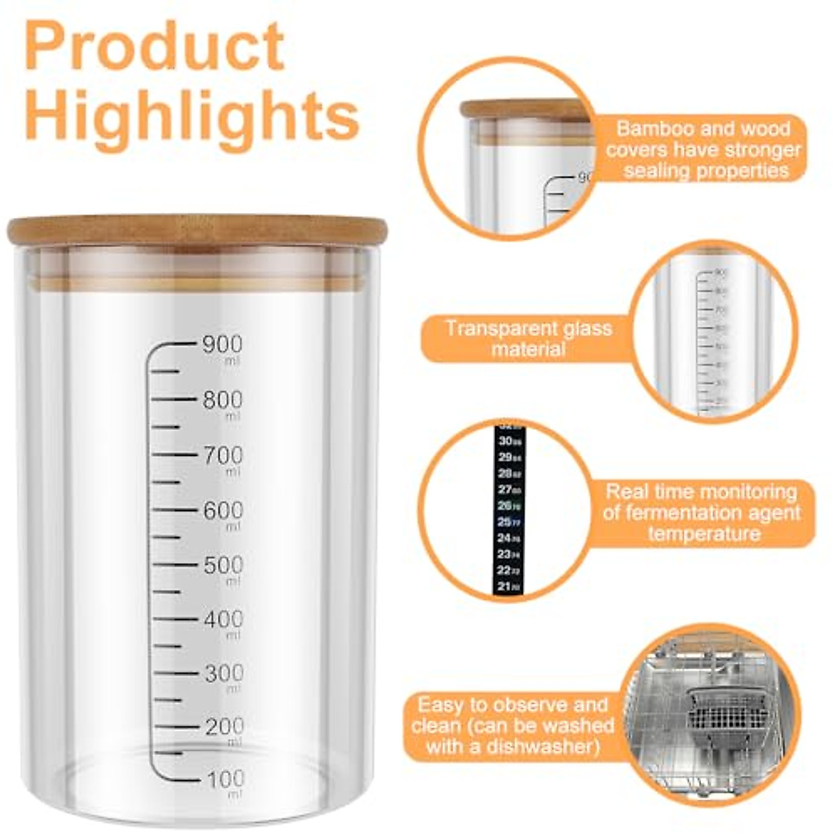esidianzi 7Pcs Sourdough Starter Jar Kit with Scale 900ml Reusable Sourdough Starter Container with Bamboo Lid Multipurpose Wide Mouth Glass Sourdough Fermentation Jar for Sourdough Baking(as Shown)