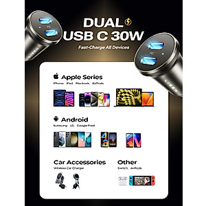 LISEN USB C Car Charger Fast Charging 60W 2-Pack Type C Car Phone Charger Mini&Metal USB C Cigarette Lighter Adapter for Ipad Pro iPhone 15 Pro Max Plus Apple Ipad Pro Samsung Galaxy S24 Google Pixel