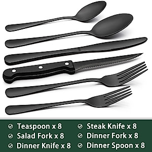 48-Piece Black Silverware Set with Steak Knives, Black Flatware Set for 8, Food-Grade Stainless Steel Tableware Cutlery Set, Kitchen Cutlery for Home Office Restaurant Hotel