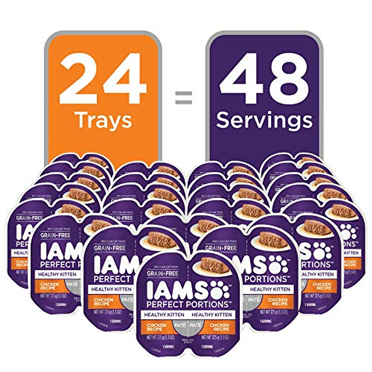 IAMS PERFECT PORTIONS Healthy Kitten Grain Free* Wet Cat Food Paté, Chicken Recipe,2.6 oz (Pack of 24). Easy Peel Twin-Pack Trays