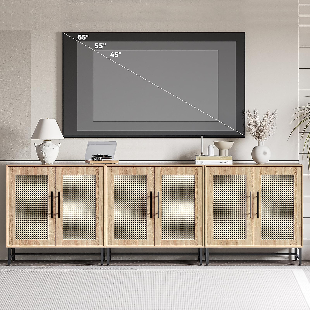 KFO Storage Cabinet with Handmade Natural Rattan Doors, Rattan Buffet Cabinet, Sideboard for Living Room, Hallway, Dining Room, Entryway