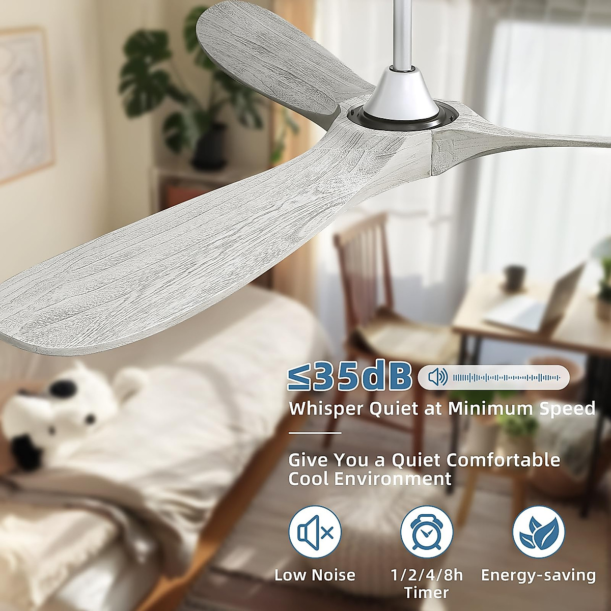 CACI Mall 60" Ceiling Fan no Light, Outdoor Ceiling Fans for Patios Without Lights, Remote Control, Solid Wood 3 Blades, Quiet, Indoor Ceiling Fan for Living Room, Patio, Bedroom, Porch, Farmhouse
