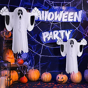 Fourluoo 4 Pcs Halloween Ghost Hanging Decorations Honeycomb Tissue Paper Ghost Shaped Party Decoration Ghost Paper Lanterns for Home Outdoor Decor(21.7" X 16.5", 15' X 12.6",Scary)