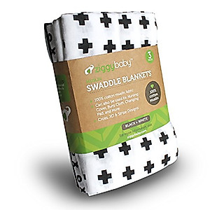 Muslin Baby Swaddle Blankets, 47x47 (3 Pack) Black, White, XO, Stripe, Cross