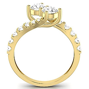 Near 1 Carat t.w. Twisting Pave Set 2rue Love 2 Stone Collection Round 14K Yellow Gold Diamond Engagement Ring (J-K Color, I2 ClarityCenter Stones)