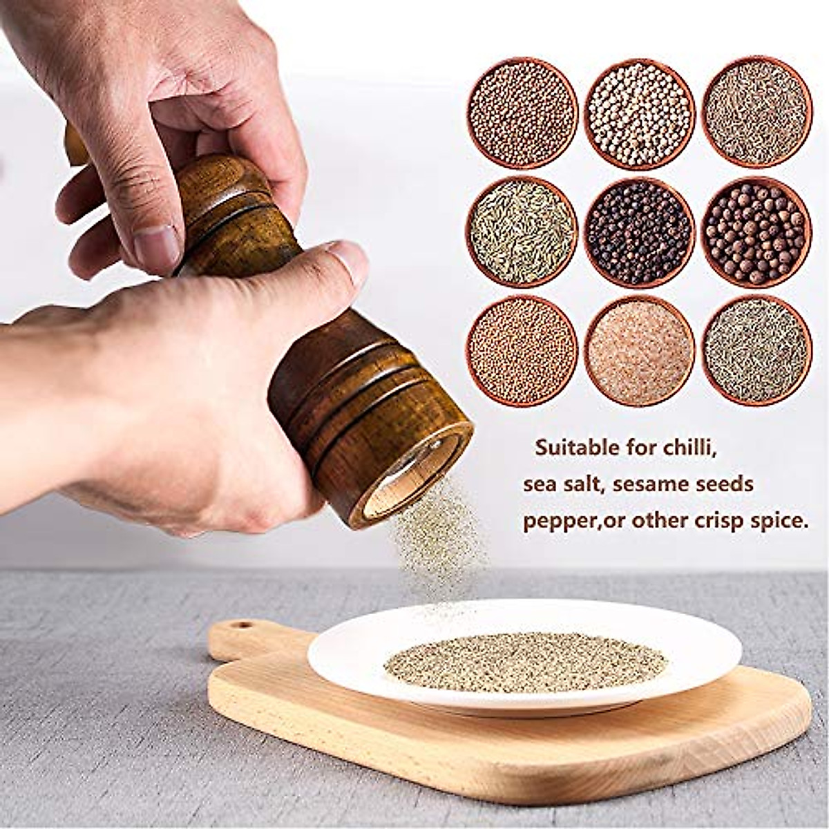 Salt and Pepper Grinders Set,Ouktor Manual Wooden Salt and Pepper Mills Shakers, Ceramic Rotor with Strong Adjustable Coarseness (5.5inch)