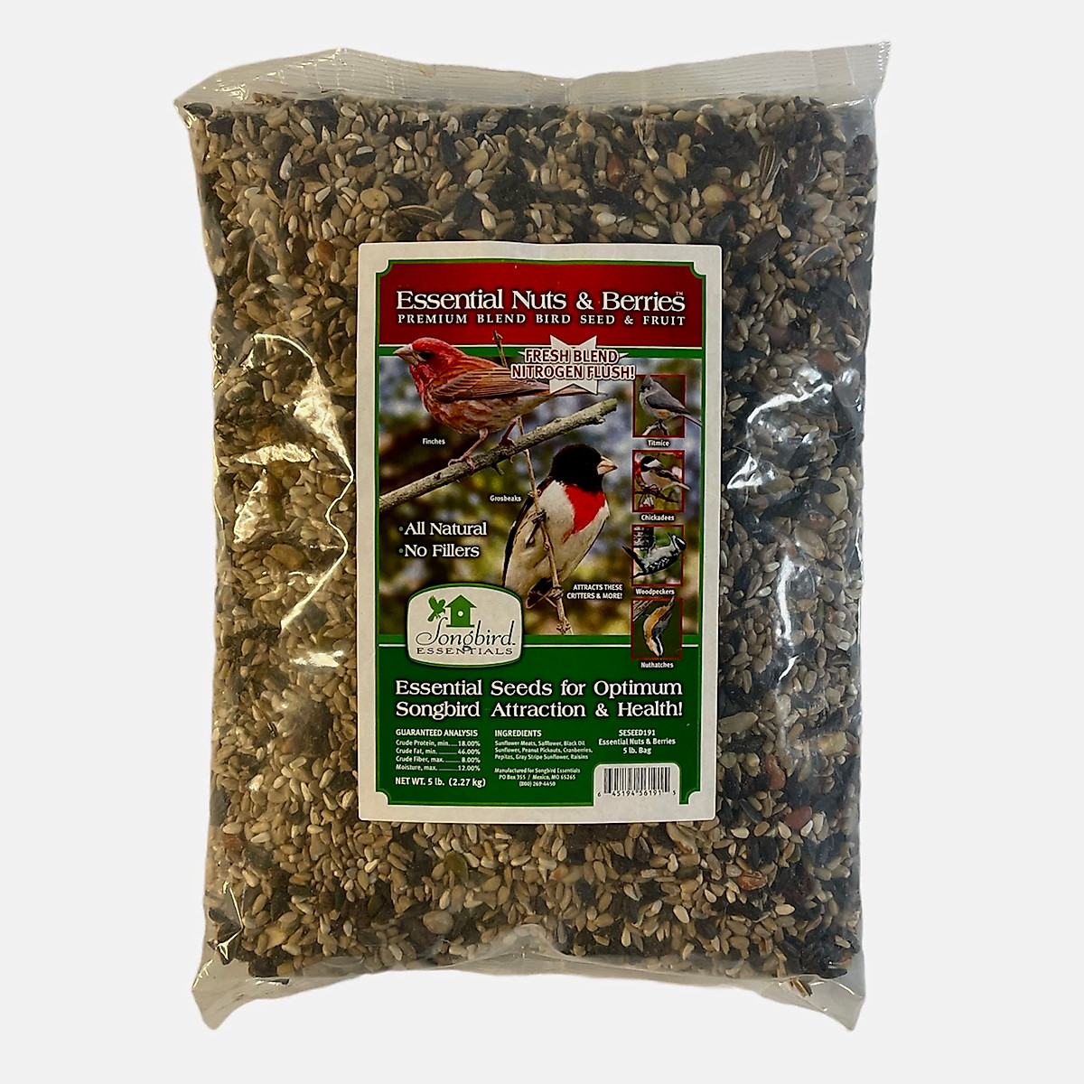 Songbird Essentials Wild Bird Food, Essential Nuts and Berries Premium Blend Bird Seed, Nuts and Fruit, 5 Pound Bag, Nitrogen Flushed